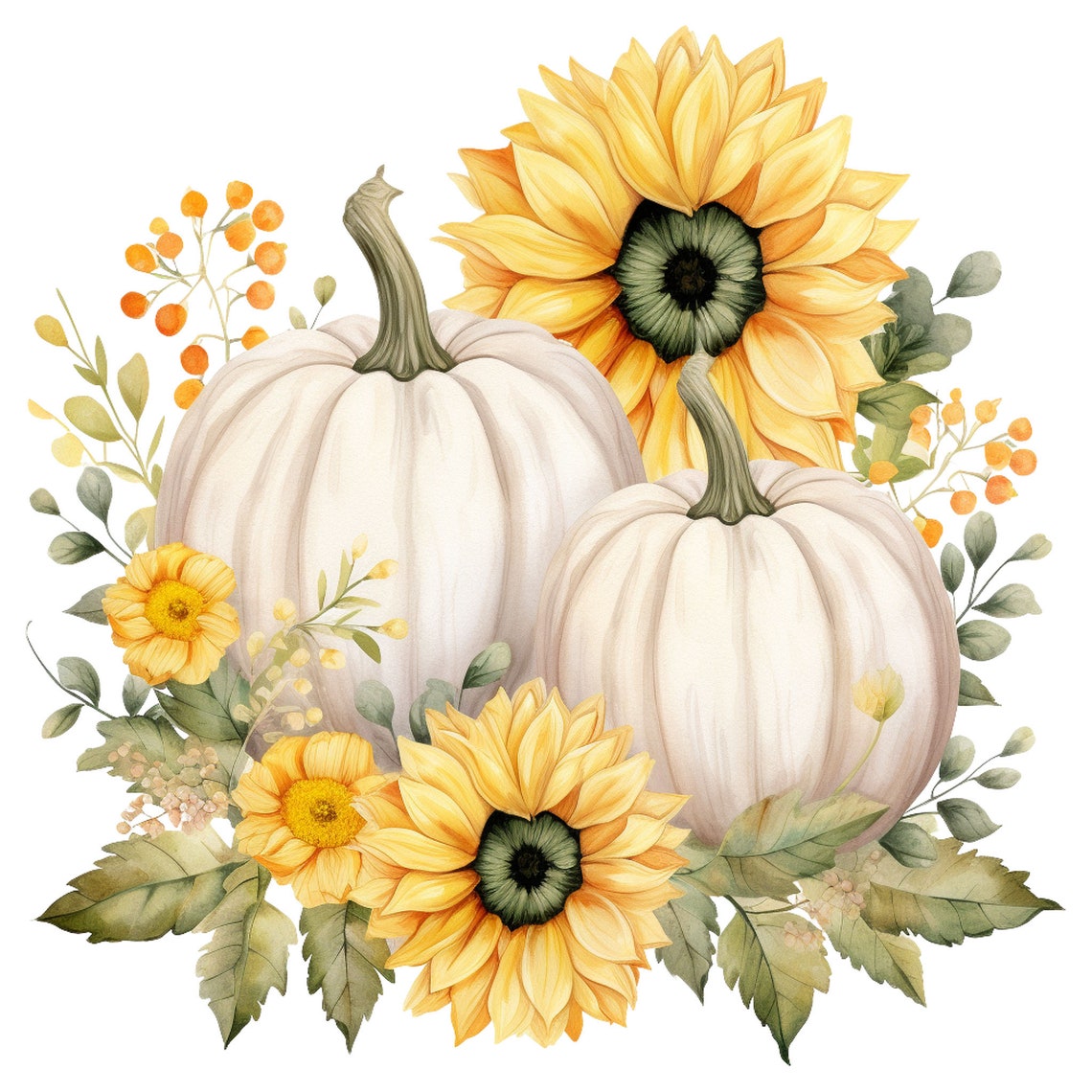 6 Pumpkins and Flowers Watercolor Clipart Graphics Digital Download PNG ...