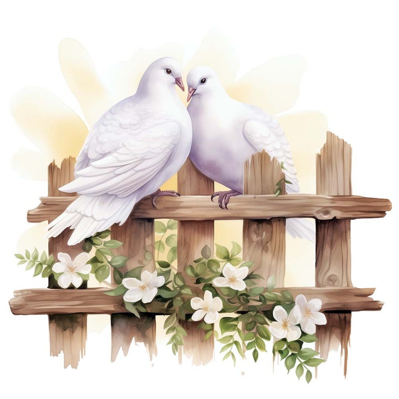 10 White Doves on a Rustic Fence Watercolor Clipart Graphics ...
