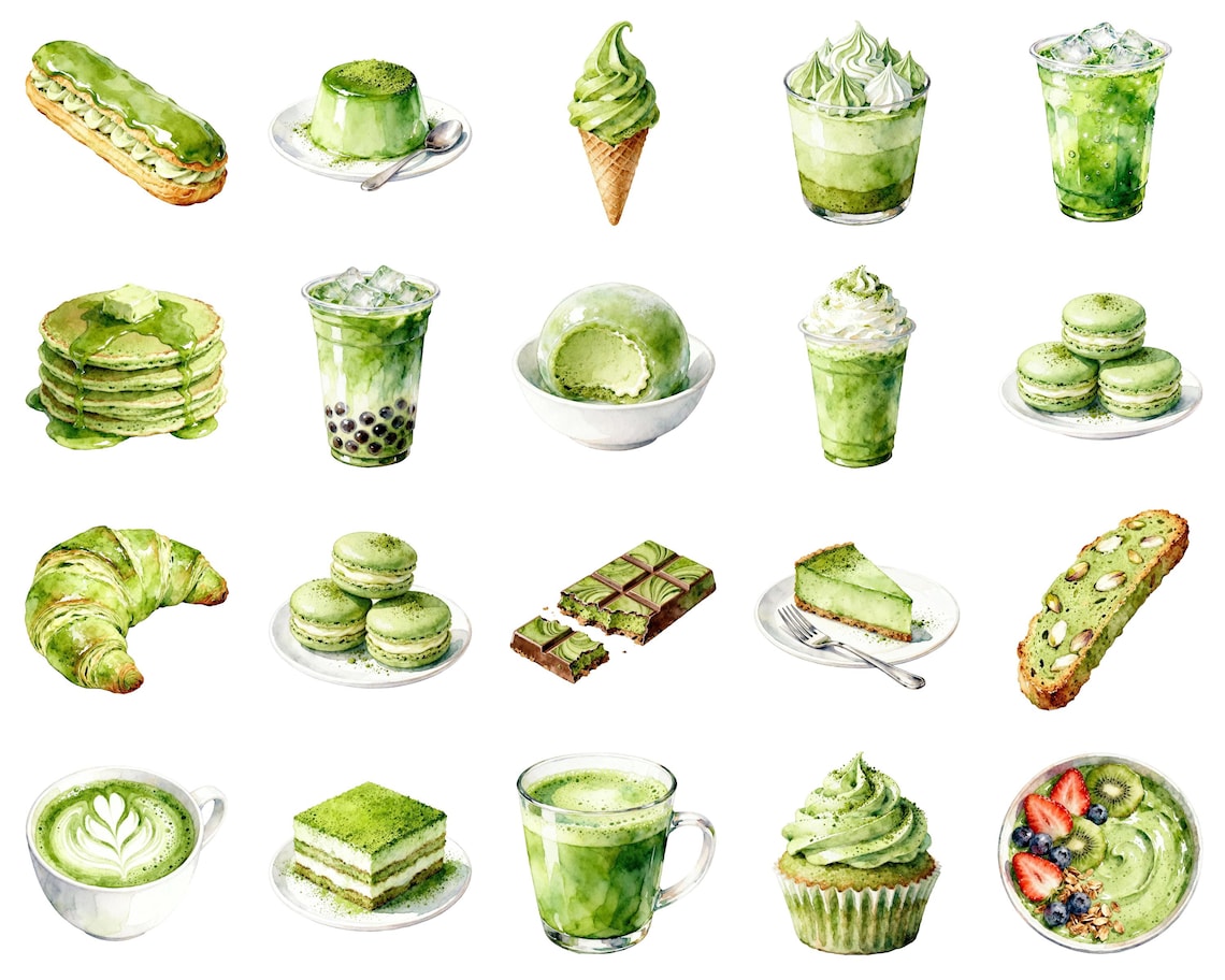 20 Watercolor Green Tea Matcha Clipart Graphics - Digital Download PNG ...
