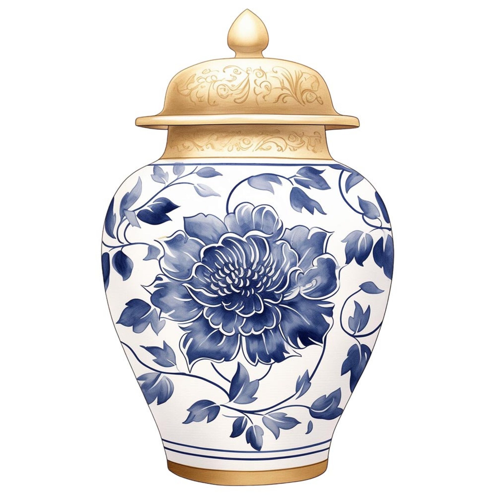 10 Chinoiserie Blue and Gold Ginger Jar Watercolor Clipart Printable ...