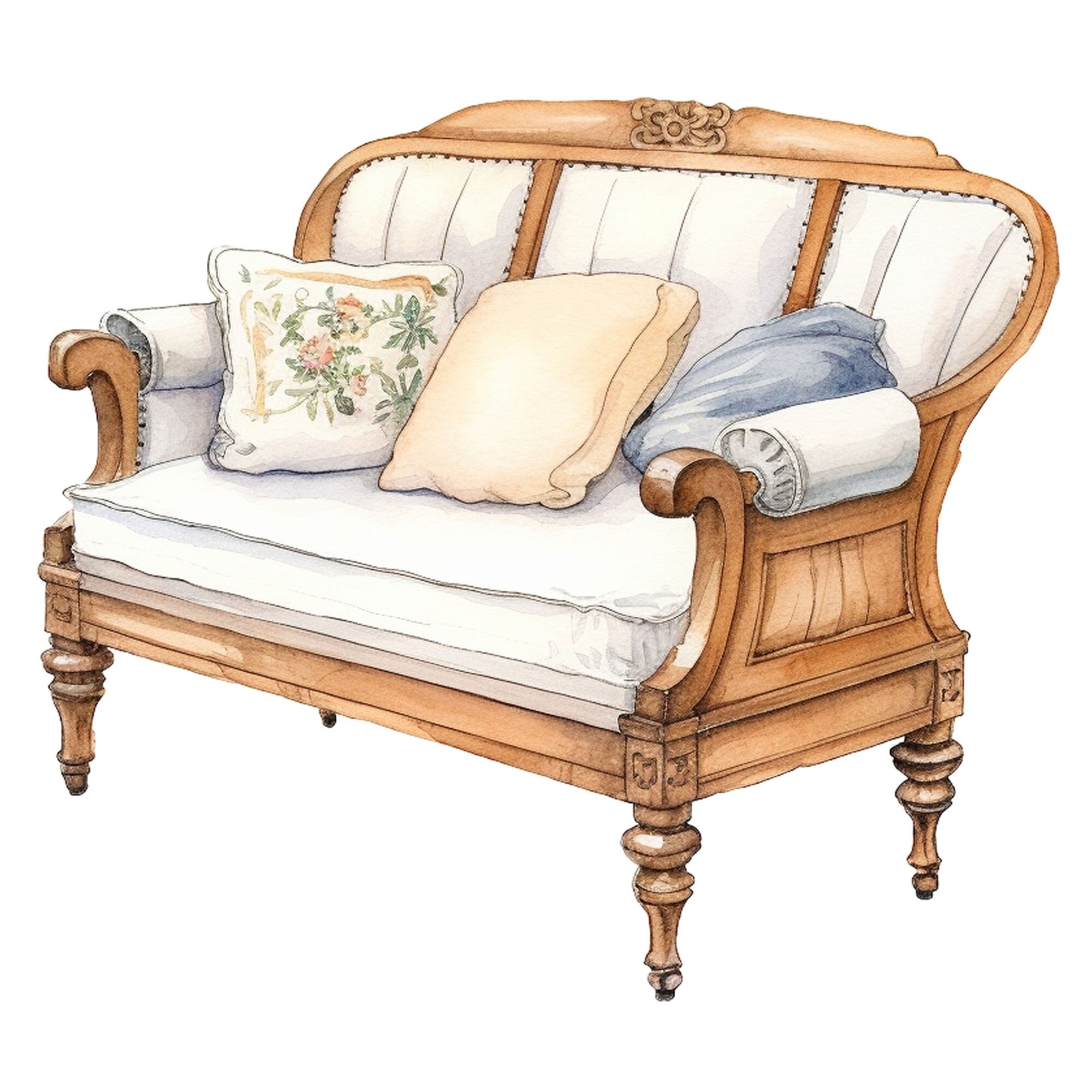10 Watercolor Antique Settee Furniture Clipart Graphics – PNG (digital ...