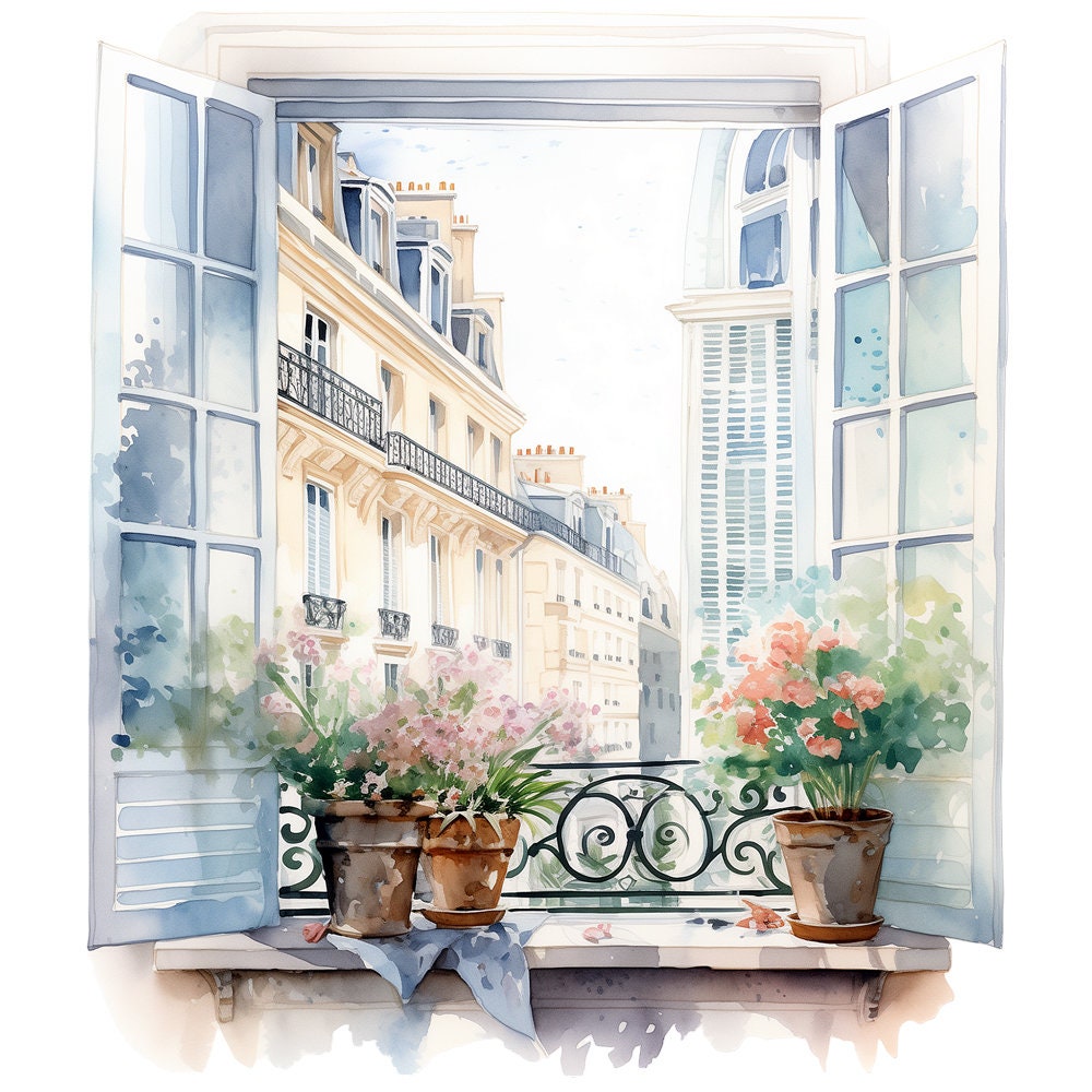 10 Paris Window View Vol. 2 Watercolor Clipart Graphics Printable PNG ...