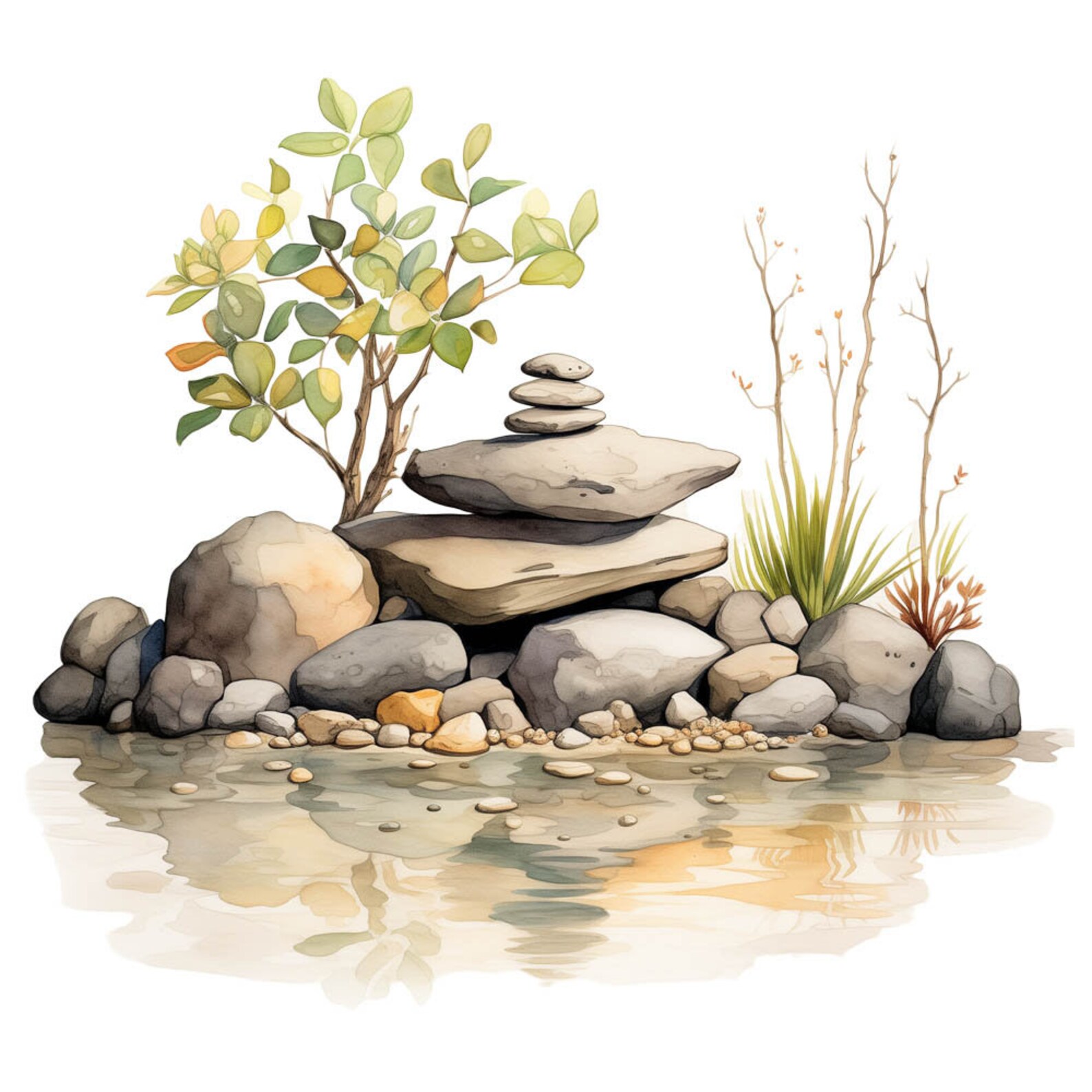 10 Watercolor Zen Rock Garden Clipart Graphics Printable PNG Files for ...