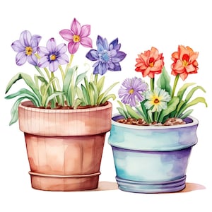 10 Garden Flower Pots Watercolor Clipart Graphics Bundle - Printable ...