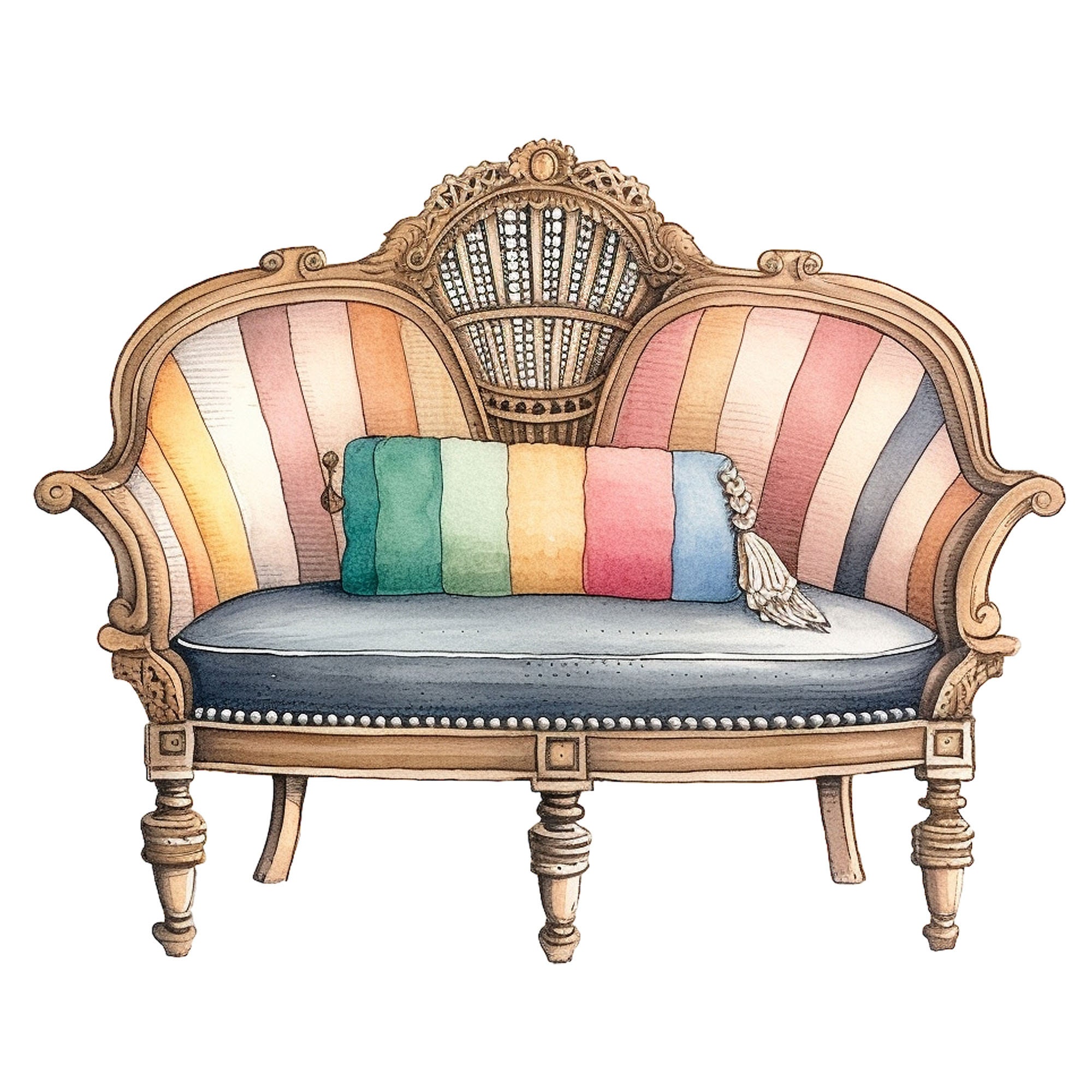 10 Watercolor Antique Settee Furniture Clipart Graphics – PNG (digital ...