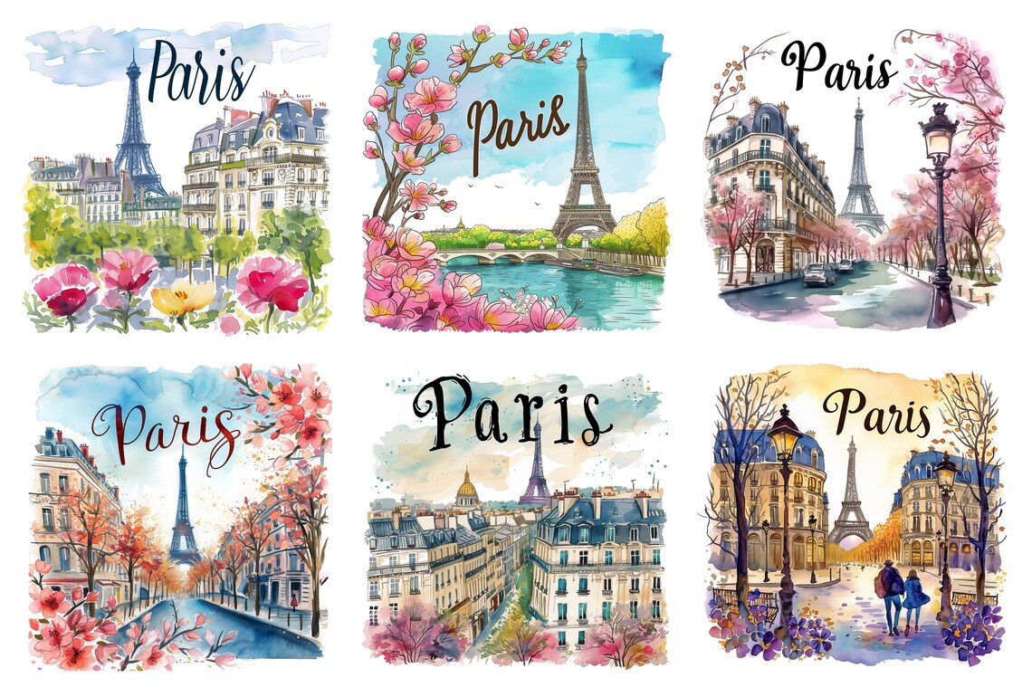6 Paris in the Spring Watercolor Clipart Graphics - Printable PNG Files ...