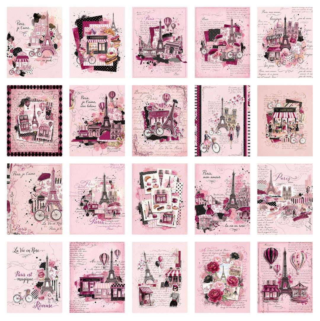 20 Pink Paris Collage Watercolor Junk Journal Pages, Printable ...