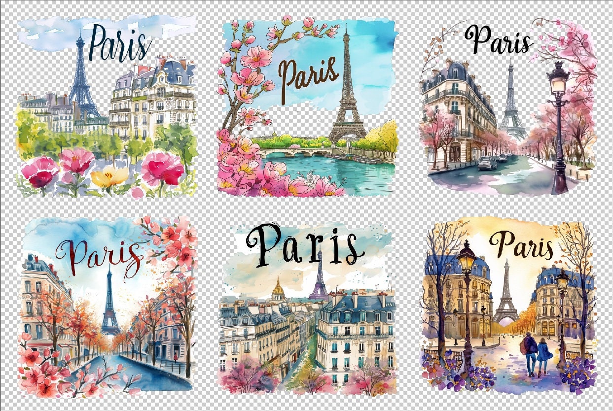 6 Paris in the Spring Watercolor Clipart Graphics - Printable PNG Files ...