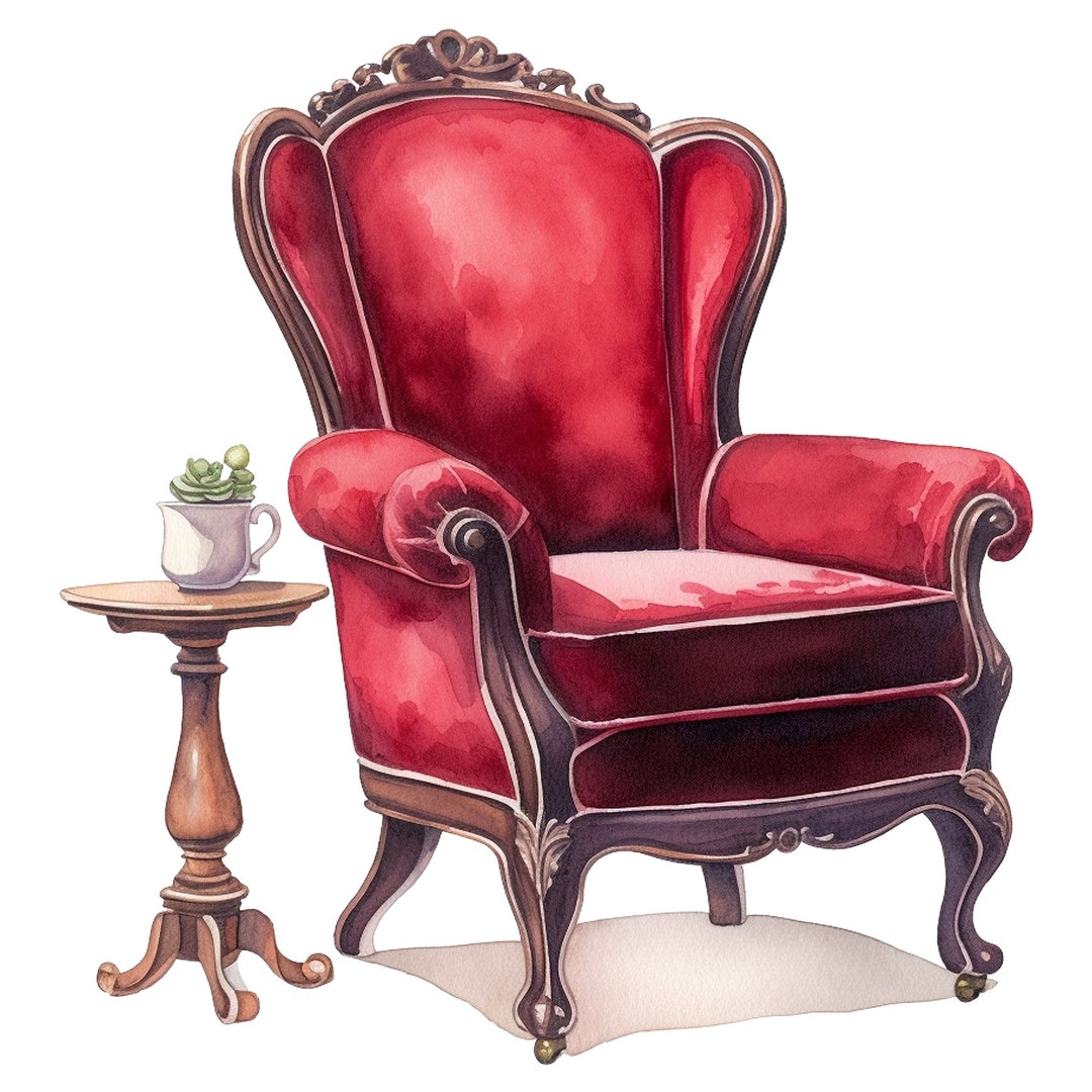 10 Watercolor Antique Red Velvet Arm Chair Furniture Clipart - PNG ...