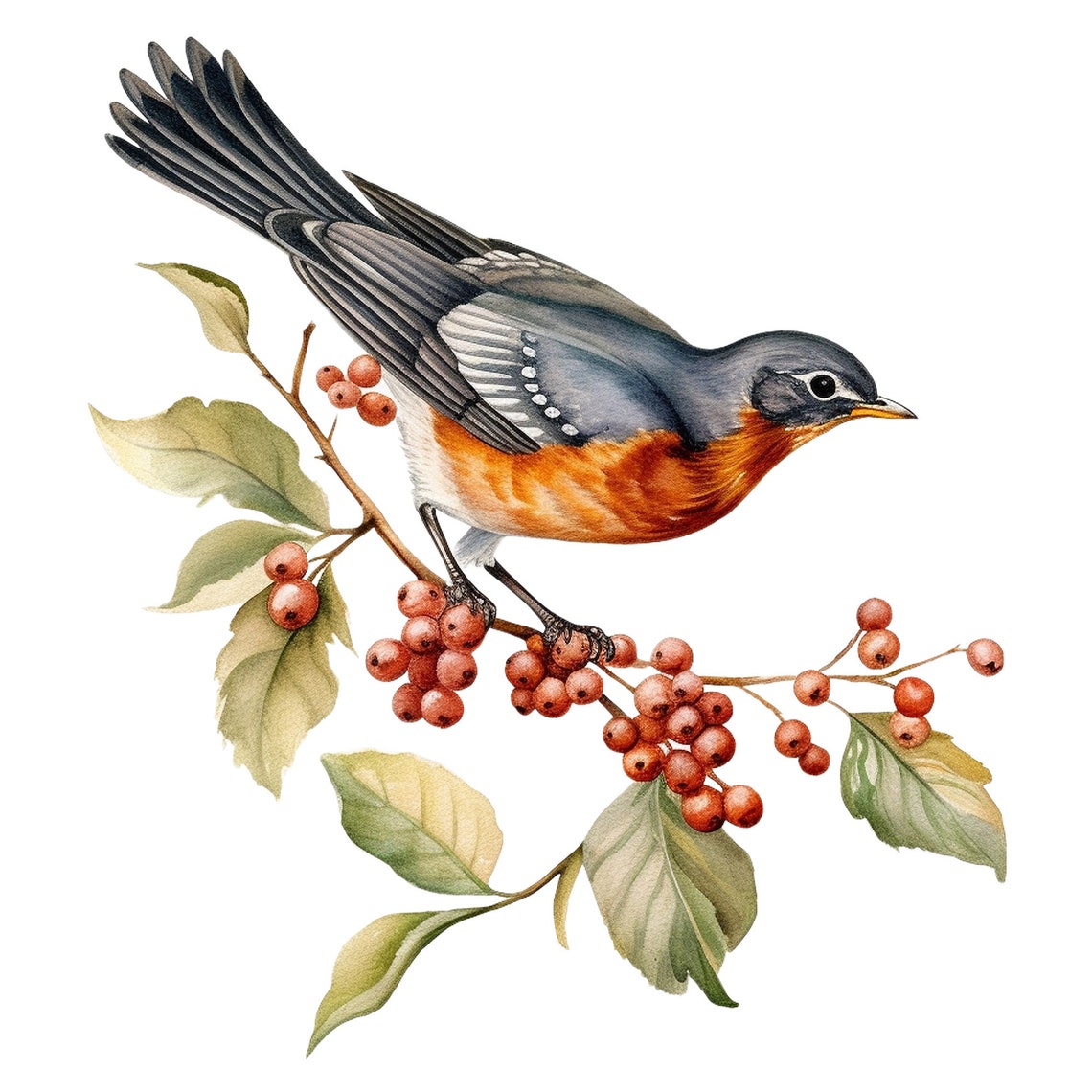 10 Watercolor American Robin Birds Clipart Digital Download PNG Files ...