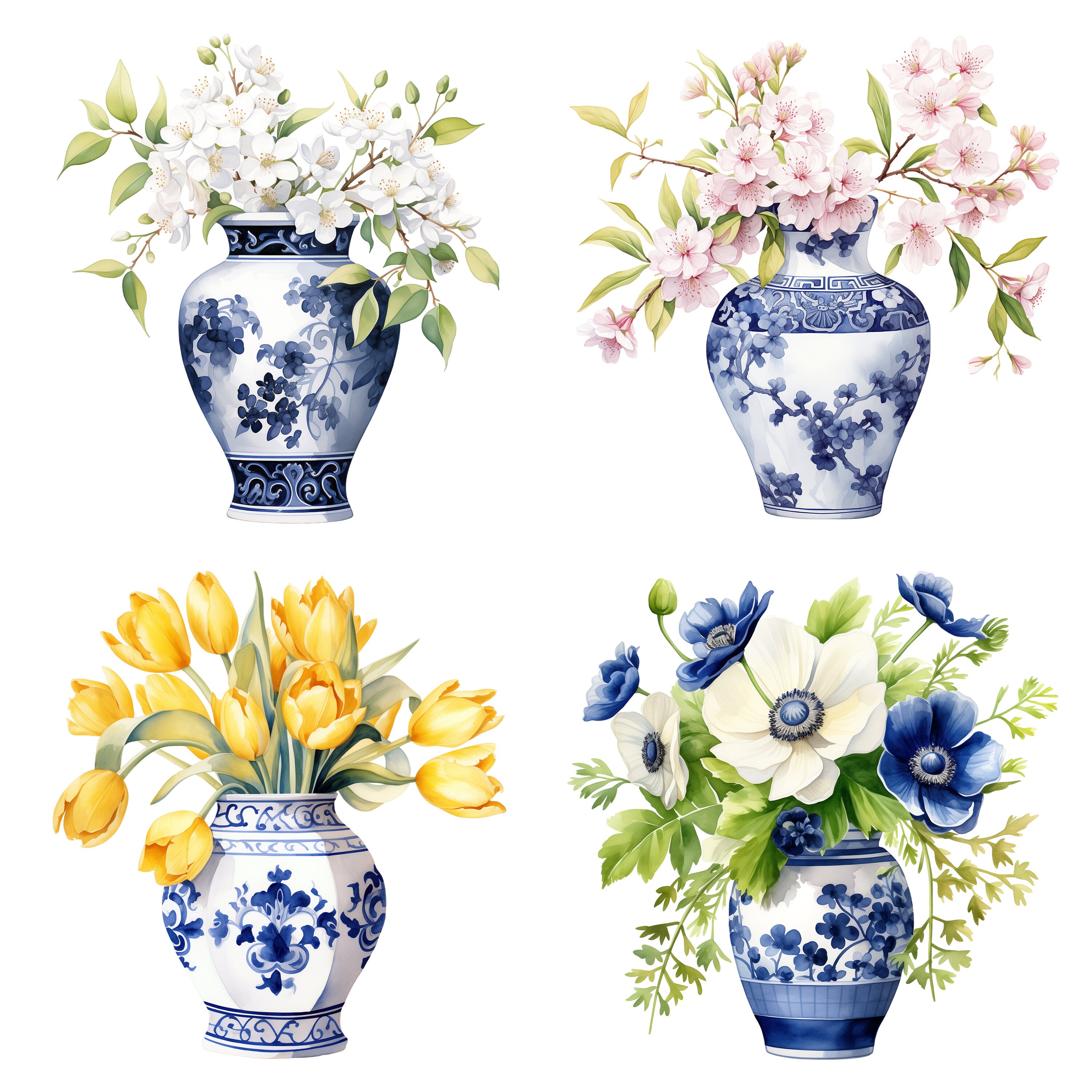 10 Chinoiserie Vase With Flowers Watercolor Clipart - PNG Transparent ...