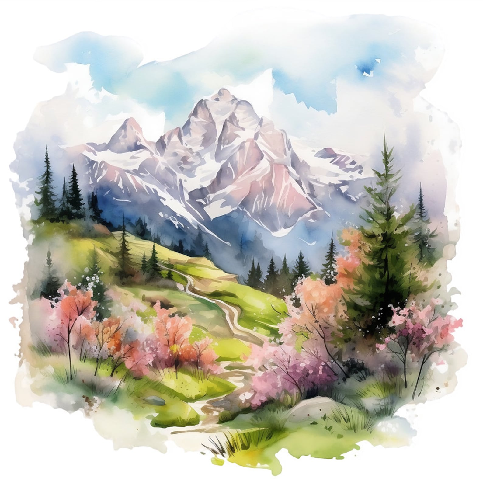 10 Watercolor Spring Mountains Clipart Graphics Printable PNG Files ...