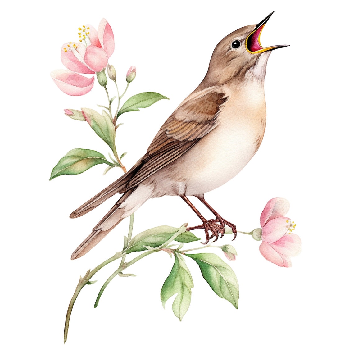 8 Watercolor Singing Nightingale Birds Clipart Digital Download PNG ...