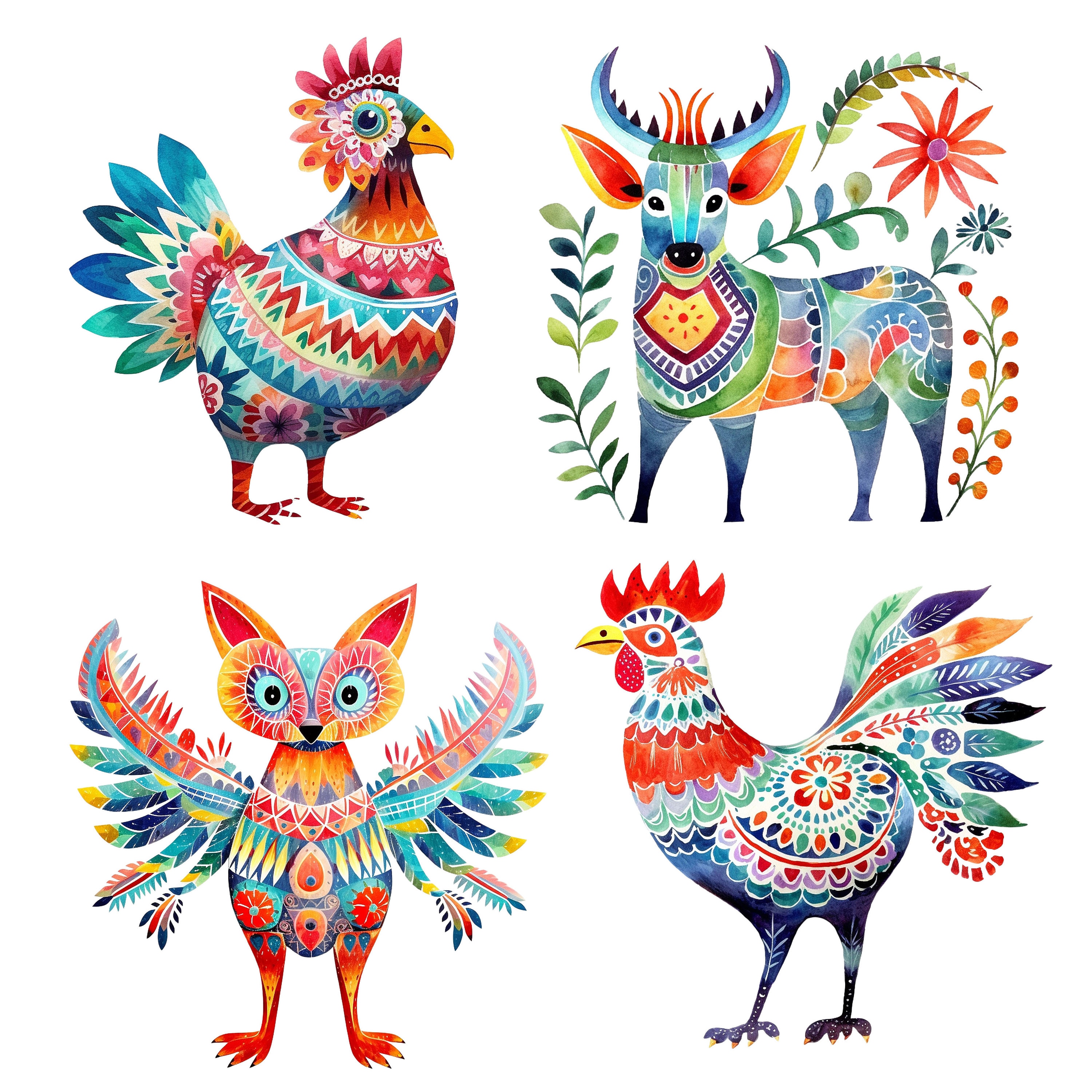 16 Watercolor Mexican Folk Art Fantasy Animals Clipart - Etsy
