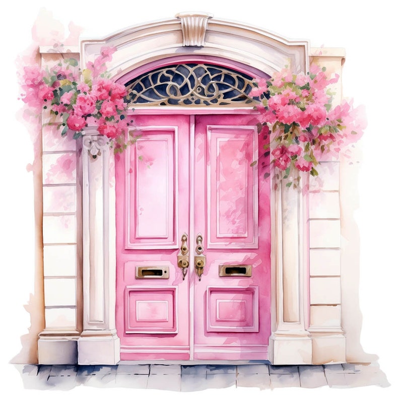 9 Watercolor Pink Doors With Flowers Clipart Graphics - Printable PNG ...