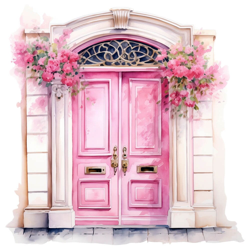 9 Watercolor Pink Doors With Flowers Clipart Graphics - Printable PNG ...