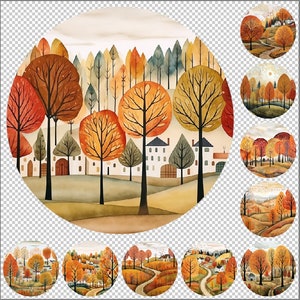 10 Folk Art Fall Landscape Watercolor Clipart Circle Graphics ...