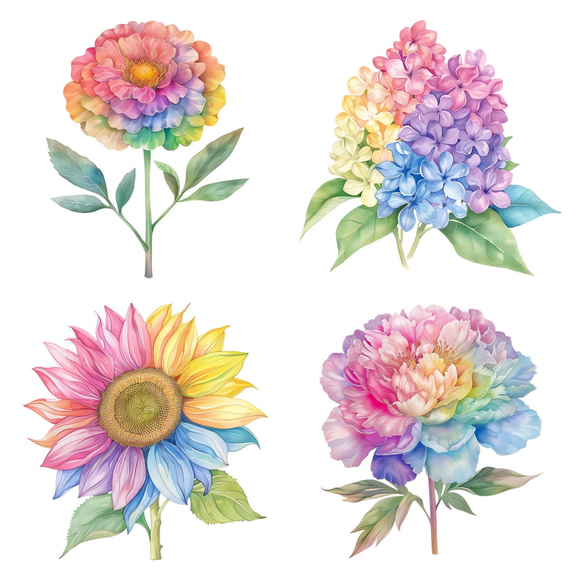 10 Watercolor Pastel Rainbow Flowers Clipart - Printable PNG Files ...