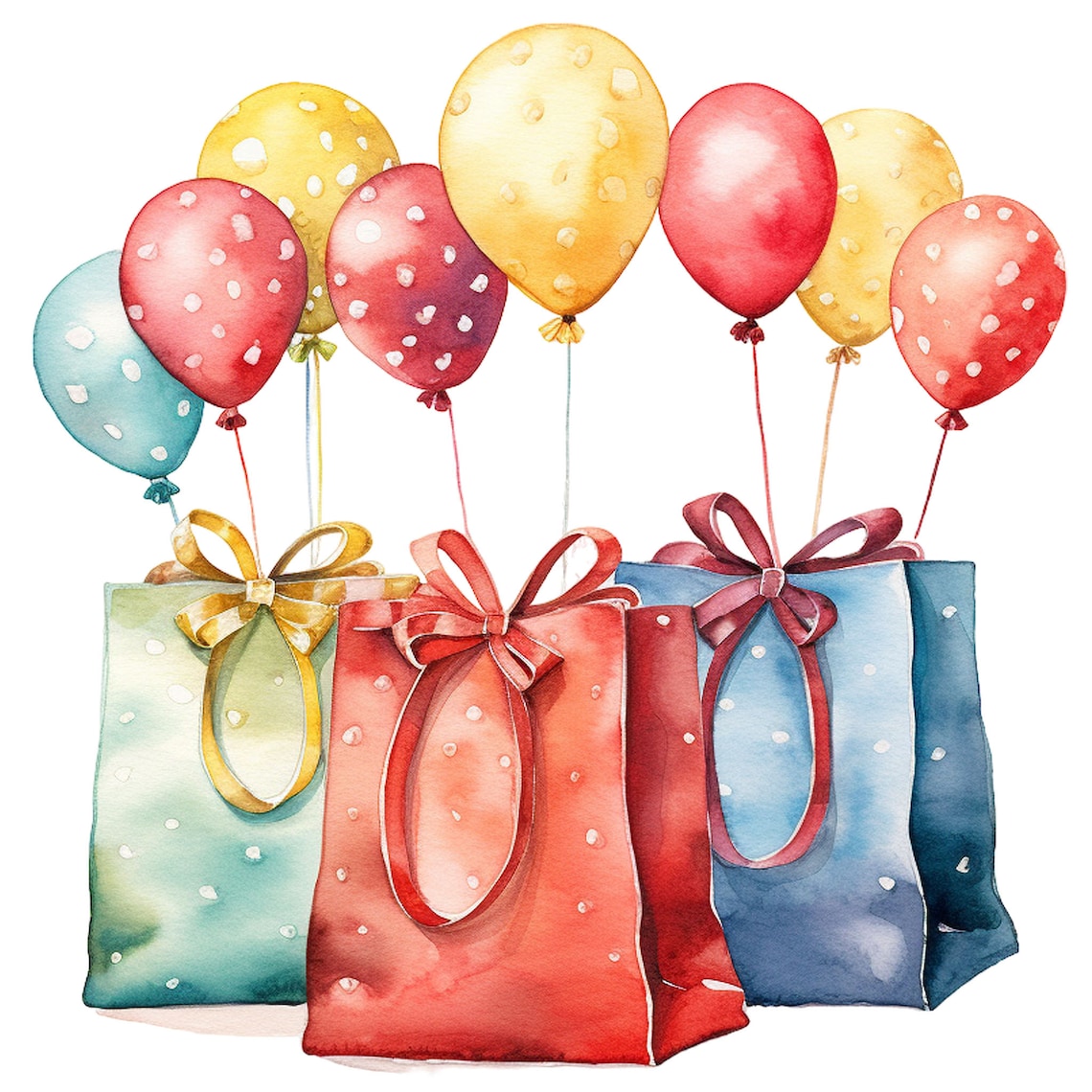 10 Cute Birthday Party Bags Watercolor Clipart Printable PNG Files for ...