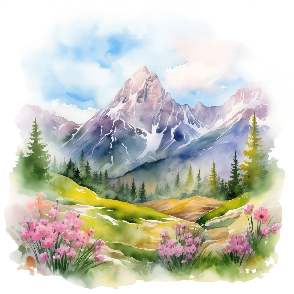 10 Watercolor Spring Mountains Clipart Graphics Printable PNG Files ...