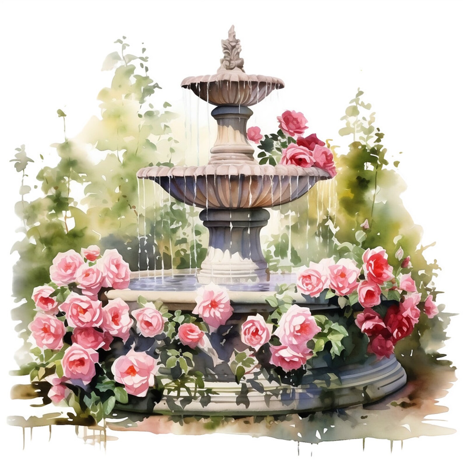 10 Garden Fountain Watercolor Clipart Graphics Printable PNG Files ...