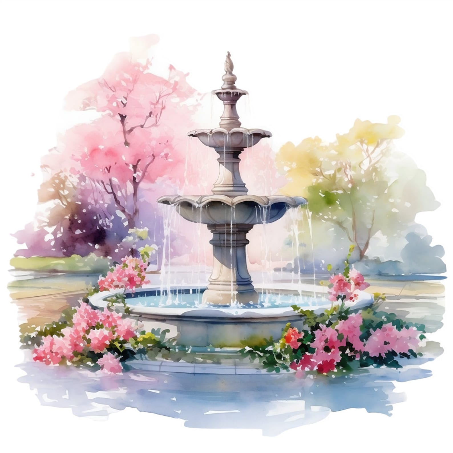 10 Garden Fountain Watercolor Clipart Graphics Printable PNG Files ...