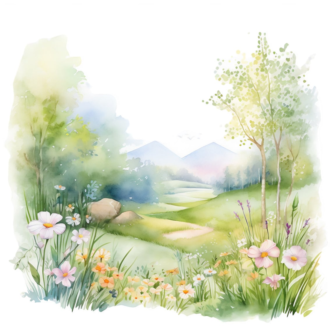 10 Spring Meadow Watercolor Clipart Graphics Printable PNG Files ...