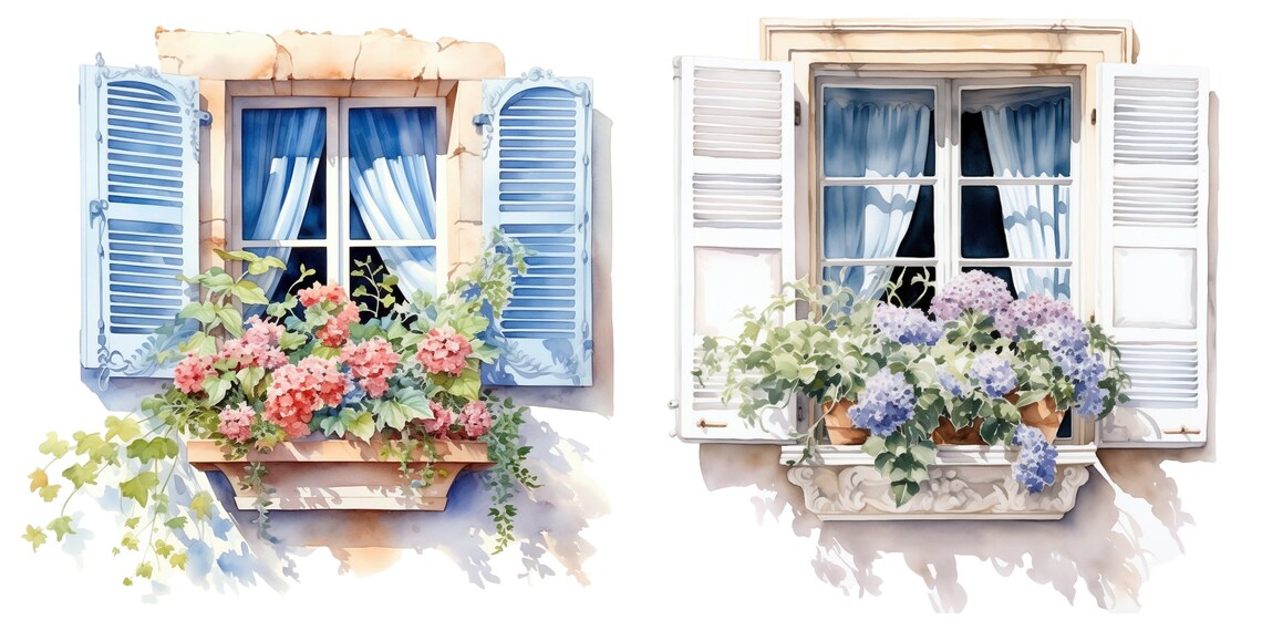 10 Watercolor French Country Window Clipart Bundle - PNG Files ...