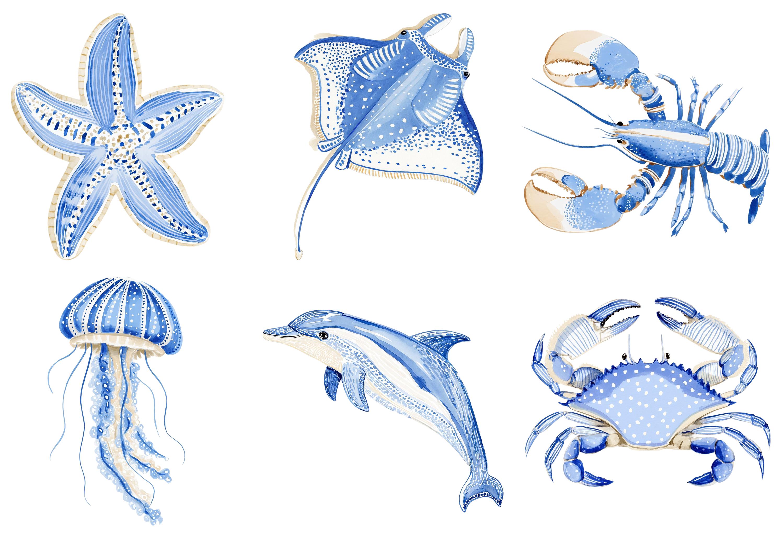12 Blue & Beige Ocean Animals Watercolor Clipart Graphics - Printable ...