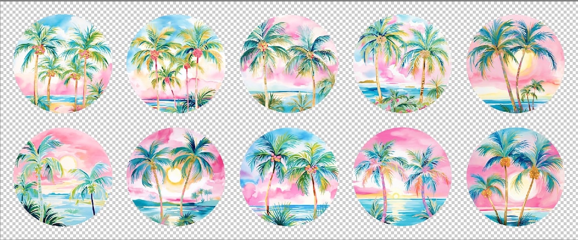 10 Watercolor Preppy Palm Trees Clipart Circle Graphics - Printable PNG ...