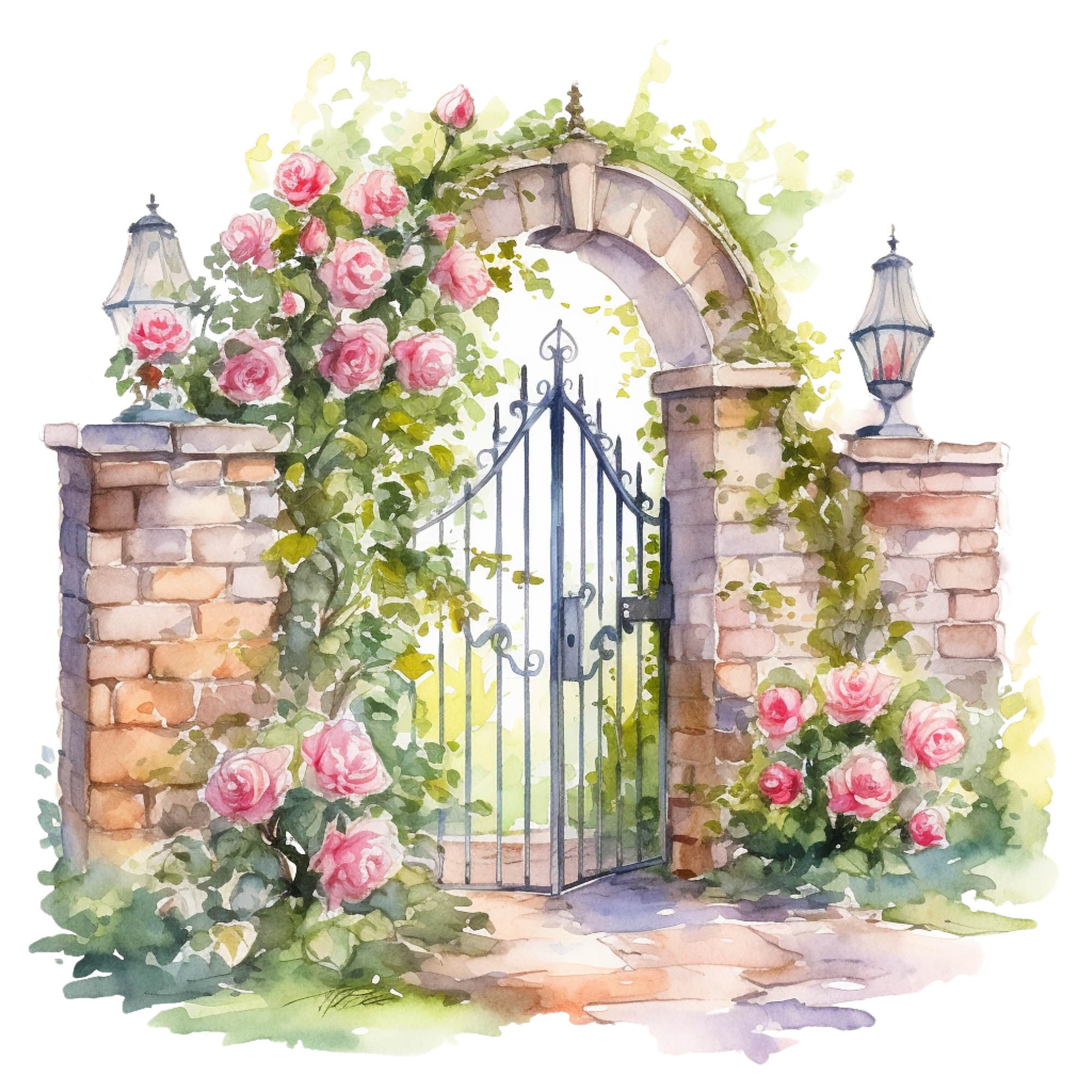 10 Cottagecore Garden Gate Watercolor Clipart Digital Download PNG ...