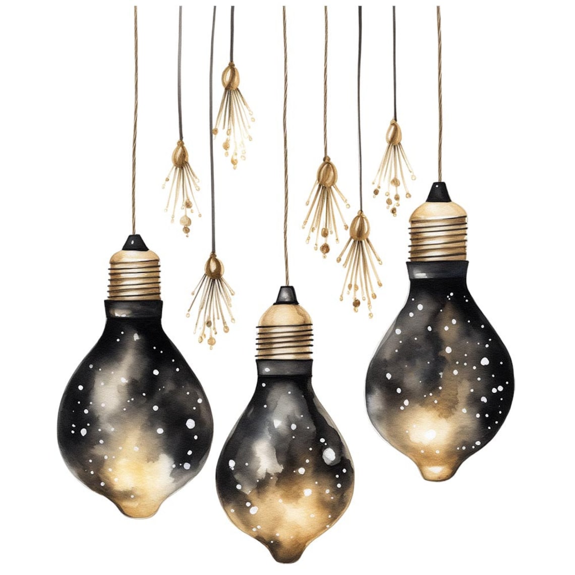 10 New Year's Black and Gold String Bulb Lights Watercolor Clipart ...