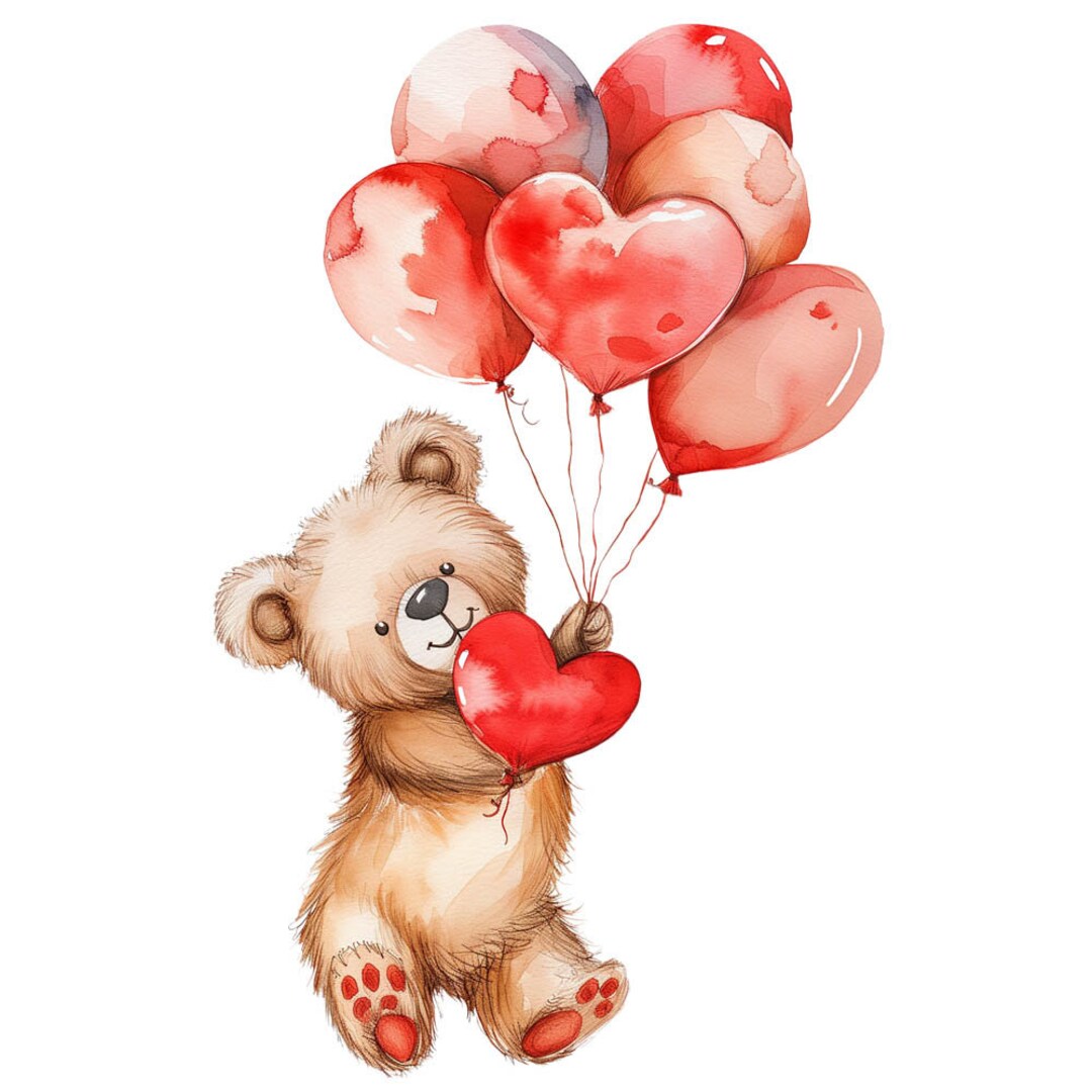 10 Cute Valentine Bears Clipart Watercolor Graphics - Digital PNG Files ...