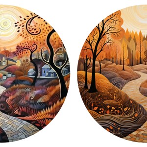 10 Watercolor Folk Art Mysterious Autumn Pathways Clipart Circle ...