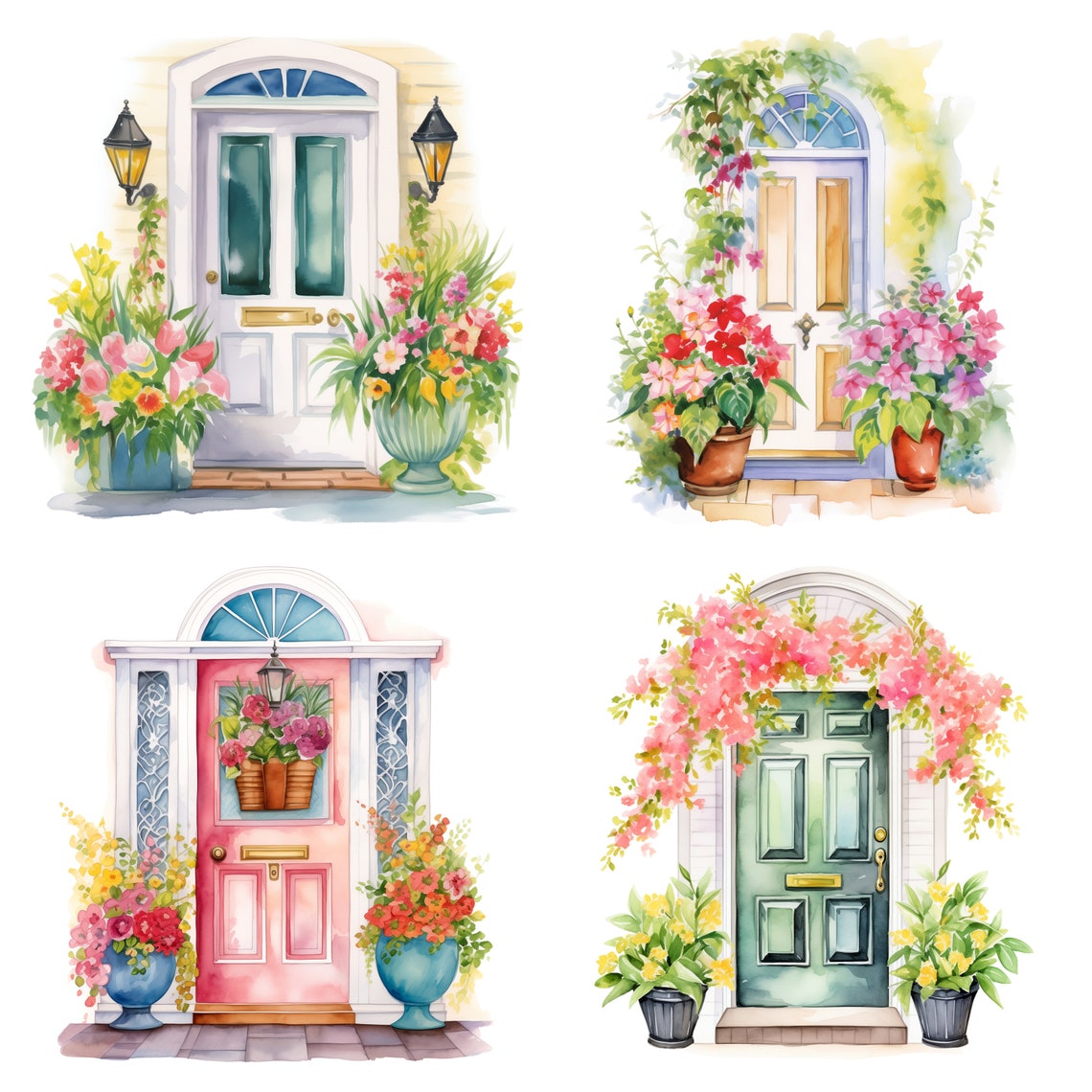 10 Cute Spring Doors Watercolor Clipart Graphics Bundle Printable PNG ...