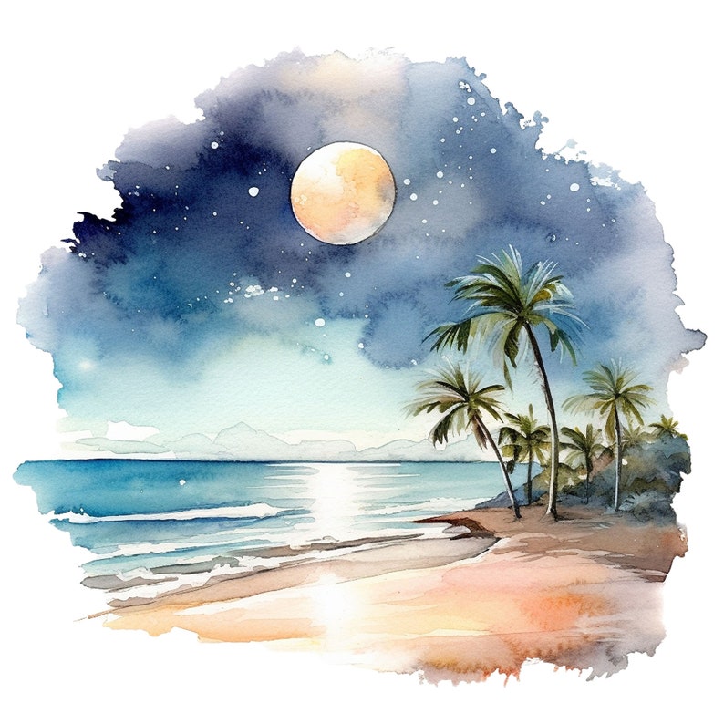 16 Watercolor Moonlight Beach Clipart Digital Download Clip - Etsy
