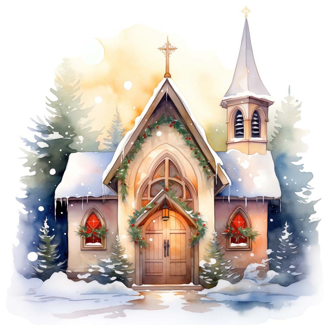 10 Christmas Church Watercolor Clipart Graphics Printable PNG Files for ...