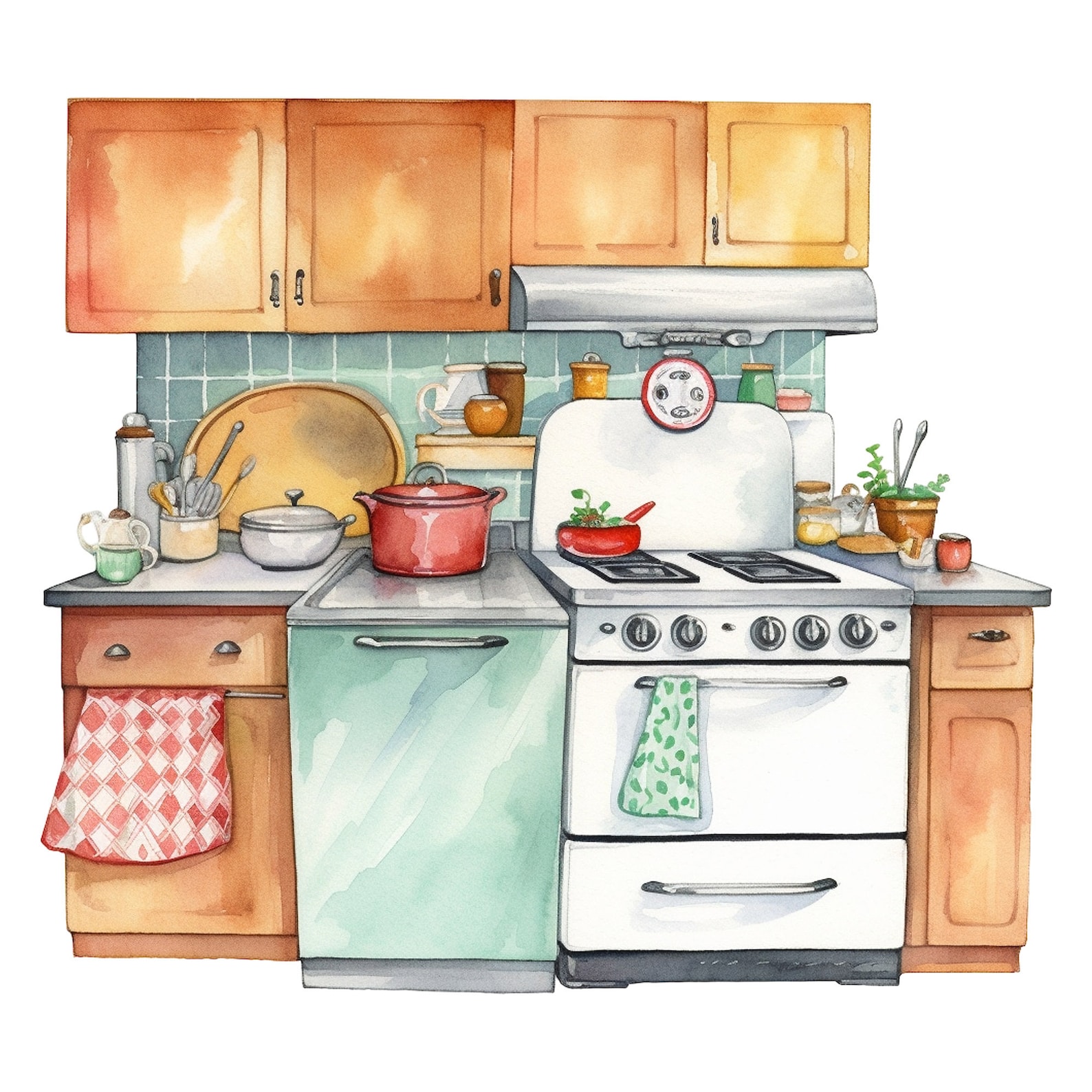 10 Cute Retro Kitchen Clipart Watercolor Graphics Digital Download PNG ...