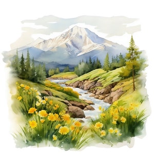 10 Watercolor Spring Mountains Clipart Graphics - Printable PNG Files ...