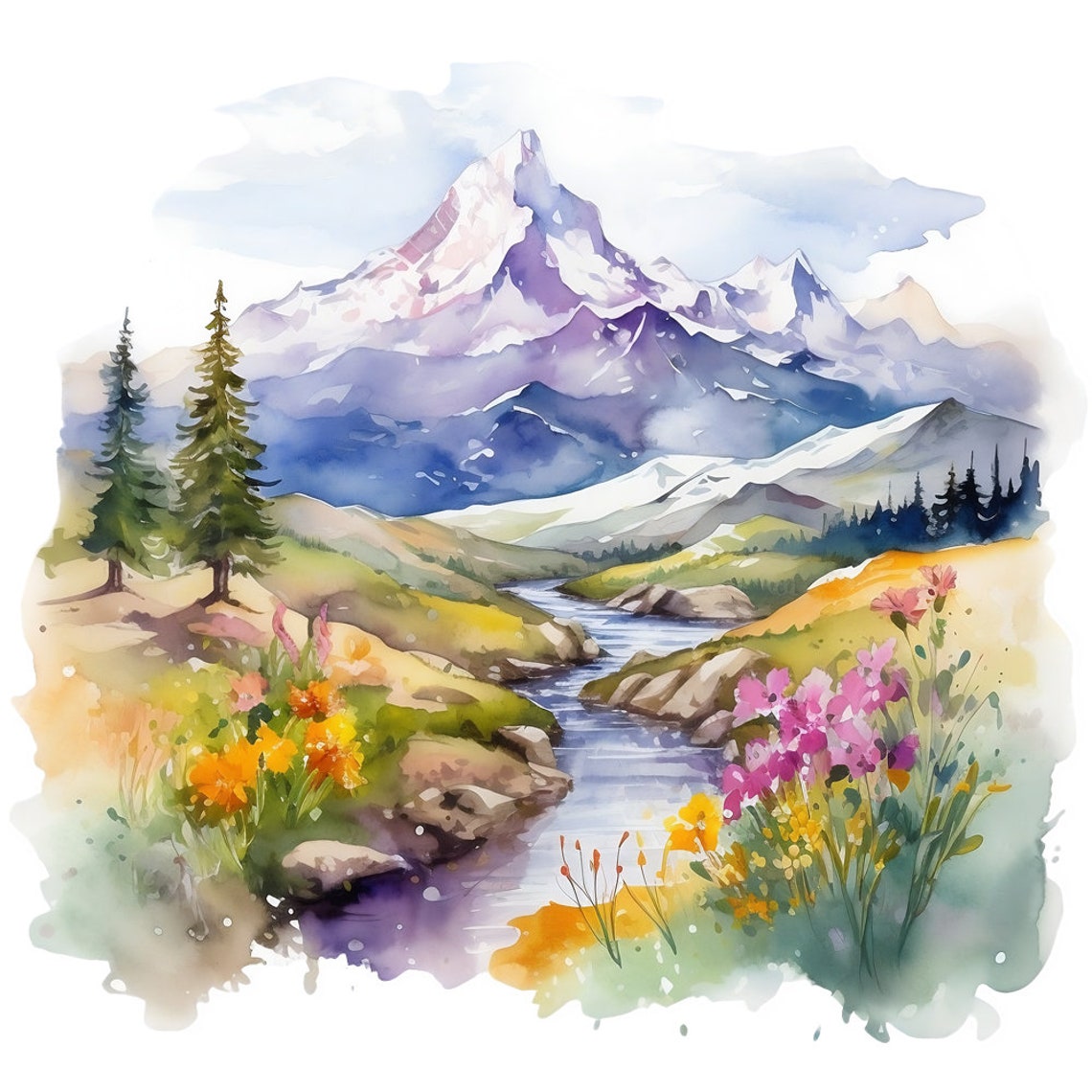 10 Watercolor Spring Mountains Clipart Graphics Printable PNG Files ...