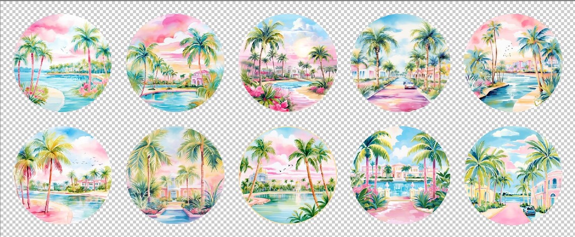 10 Preppy Palm Beach Watercolor Clipart Circle Graphics - Printable PNG ...