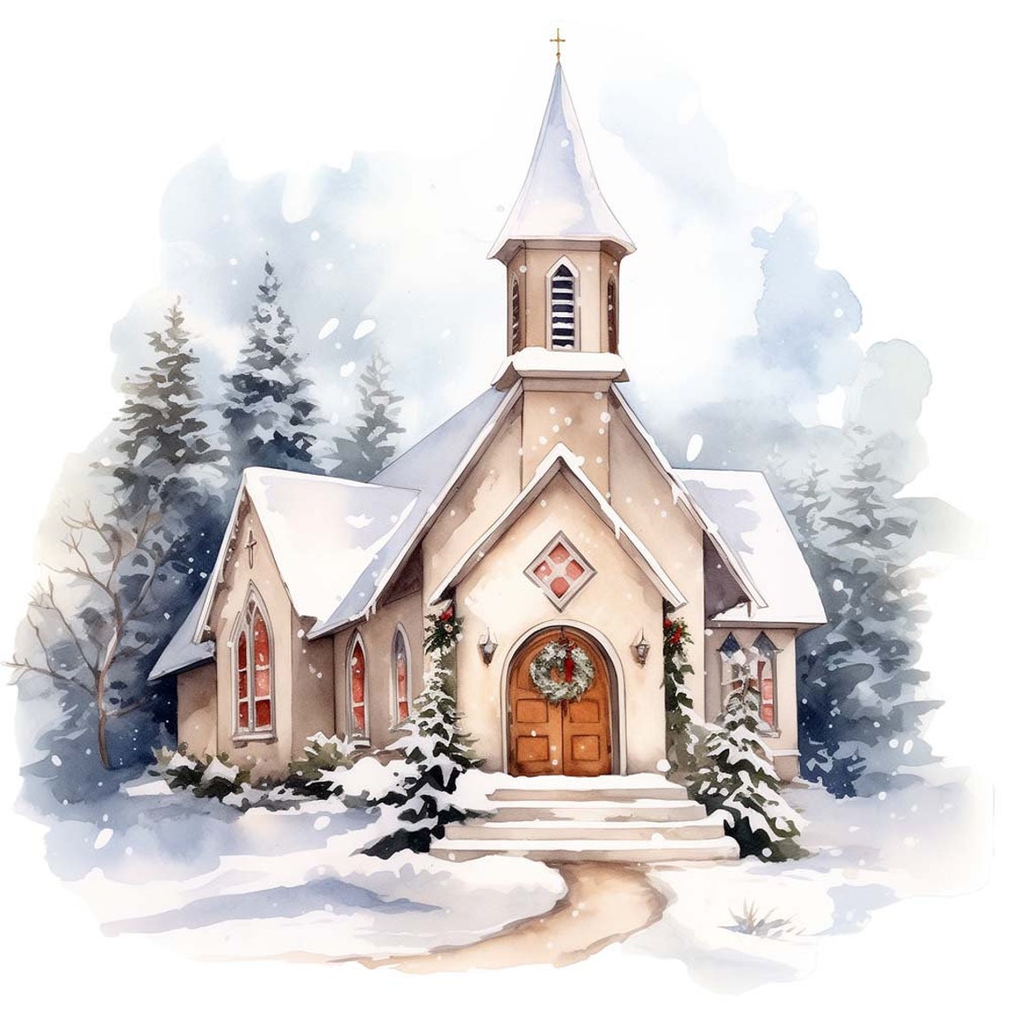 10 Christmas Church Watercolor Clipart Graphics Printable PNG Files for ...