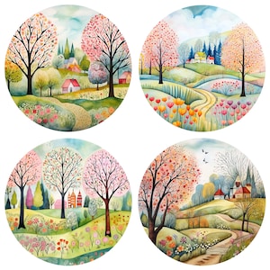 10 Folk Art Spring Landscape Watercolor Clipart Circle Graphics ...