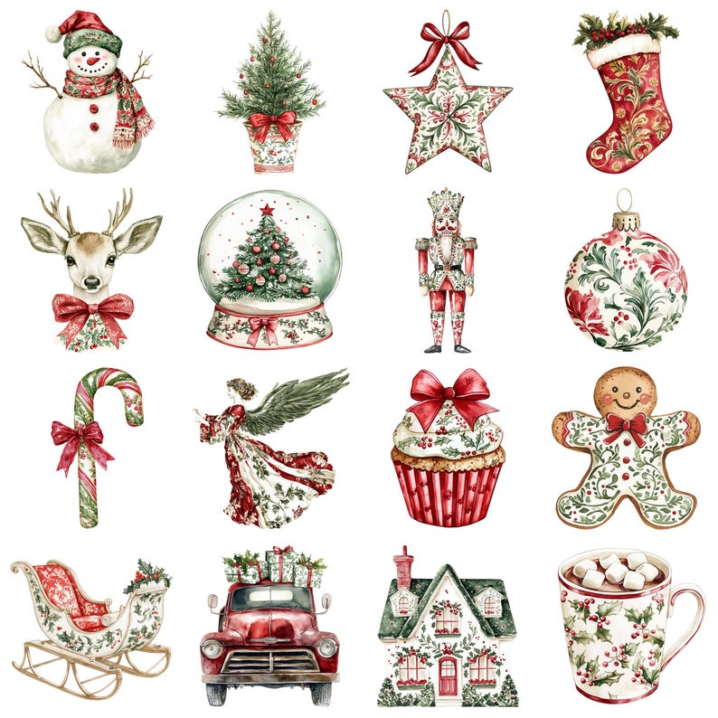 16 Watercolor Christmas Toile Clipart Graphics - Printable PNG Files ...
