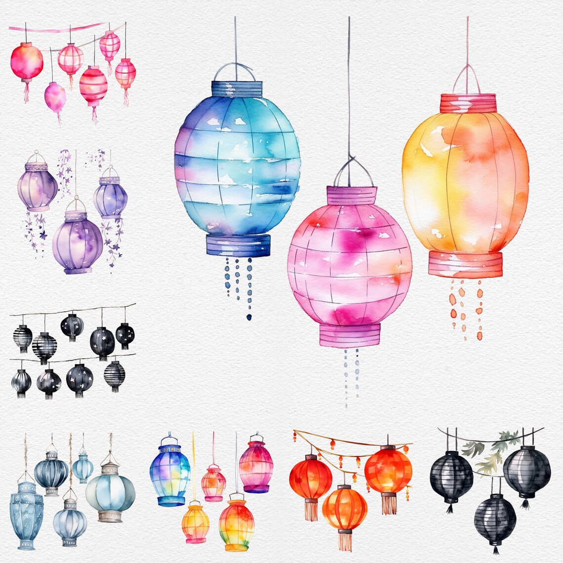 16 Party Lanterns Clipart Watercolor Graphics Digital - Etsy