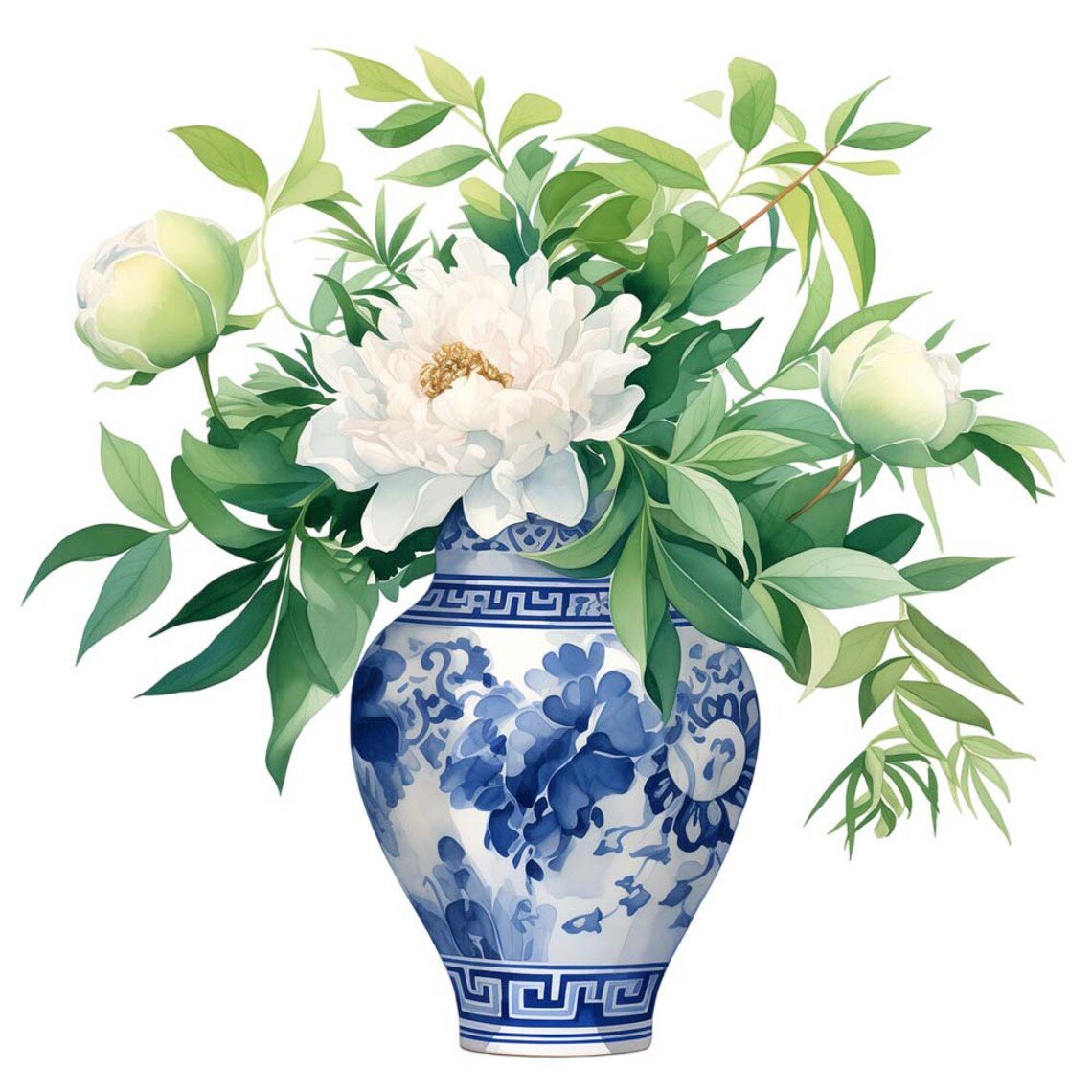 10 Chinoiserie Vase With Flowers Watercolor Clipart Digital Download ...