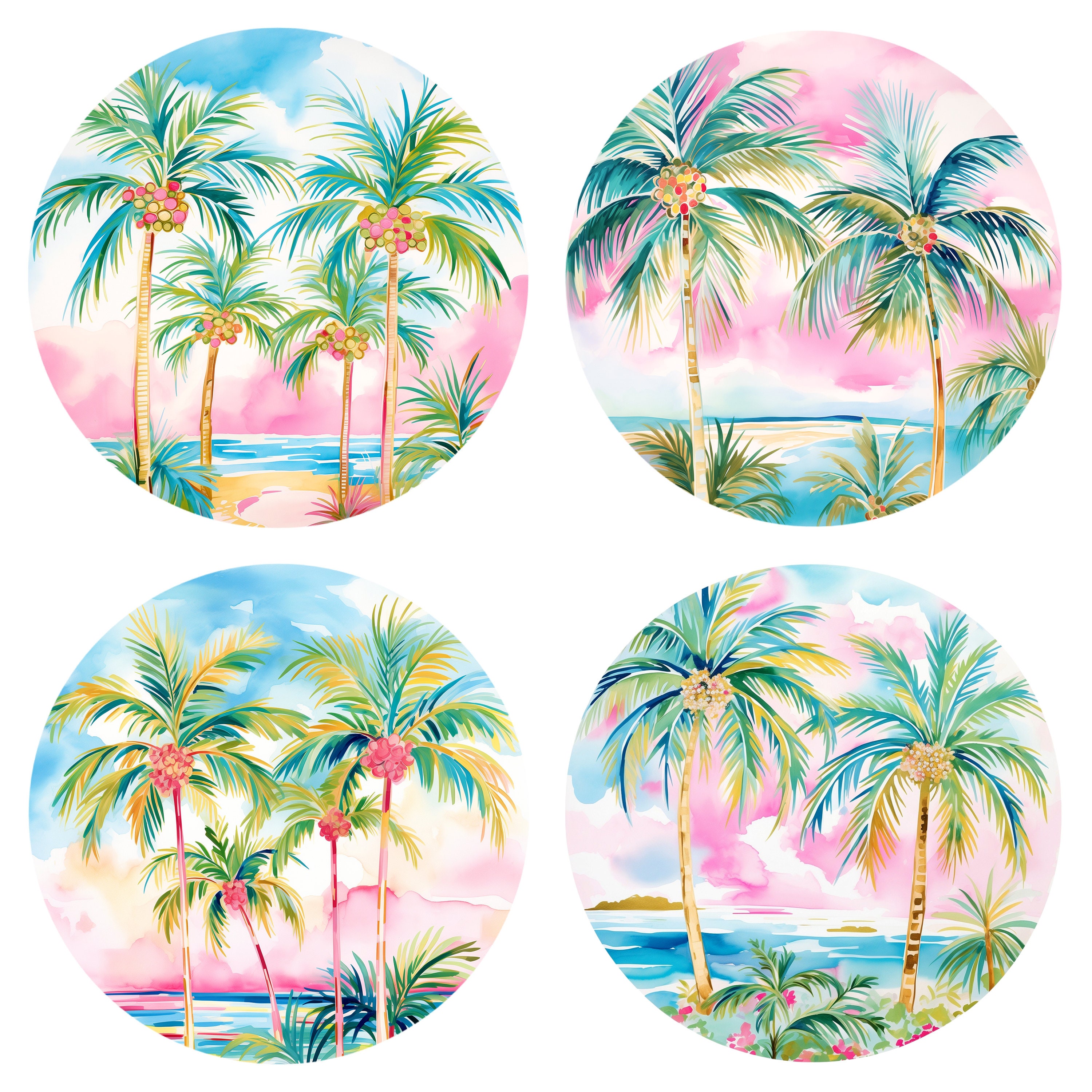 10 Watercolor Preppy Palm Trees Clipart Circle Graphics - Printable PNG ...