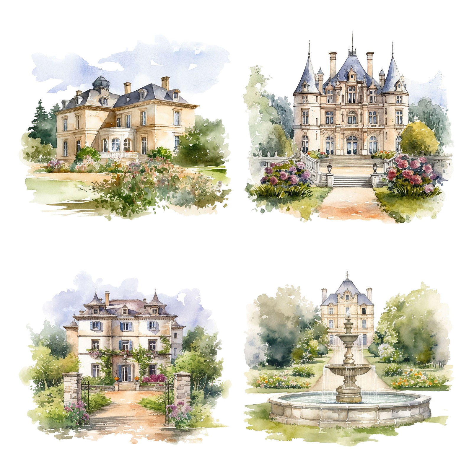 12 Watercolor French Chateau Clipart Digital Download - Etsy