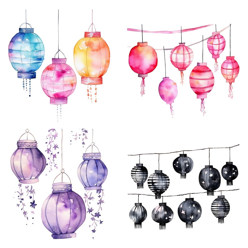 16 Party Lanterns Clipart Watercolor Graphics Digital Download PNG ...
