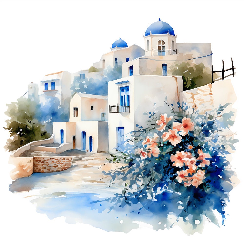 10 Watercolor Greek Village Scenery Clipart Graphics - Printable PNG ...